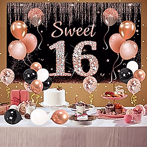 Sweet 16th Birthday Banner Decorations with Confetti Balloon Arch Garland, Rose Gold Happy 16 Birthday Backdrop Balloon Kit Party Supplies for Girls, Sixteen Year Old Bday Photo Booth Decor