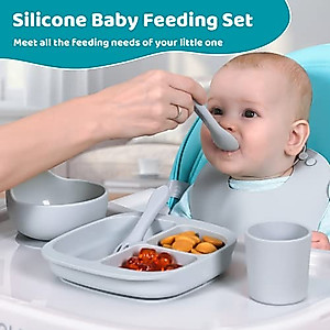 Ziza Baby Led Weaning Supplies - Silicone Baby Feeding Set, Suction Plates and Bowls for Infants & Toddlers, Baby Eating Supplies with Divided Plate, Suction Bowl, Bib, Training Cup, Spoon, Fork