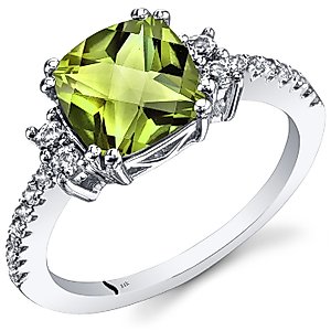 PEORA Peridot Ring for Women in 14K White Gold with White Topaz, Natural Gemstone Birthstone, Designer 2.53 Carats total, 8mm Cushion Cut, Comfort Fit, Size 5