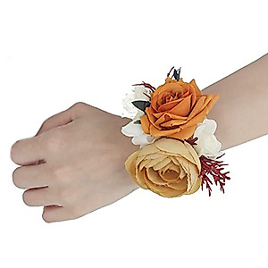 Rinlong 6Pcs Burnt Orange Wrist Corsage Wristlet Band Boho Bracelet Wrist Flowers Wedding Bride Bridesmaid Flower Accessories Decoration