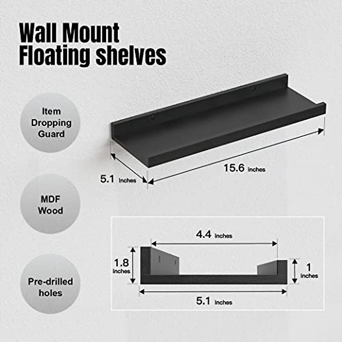 RICHER HOUSE 8 Set Floating Wall Mounted Shelves, Nursery Hanging Book Shelves with Lip for Storage, Black Display Picture Ledge Shelf for Bedroom Bathroom Kitchen Living Room Wall Decor, Modern Black