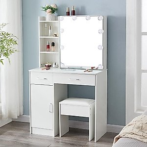 Absethink WhiteVanity Table,Make up Vanity Dressing Table with Mirror,Corner Vanity with Mirror with Lights,Vanity for Womens Vanities for Makeup