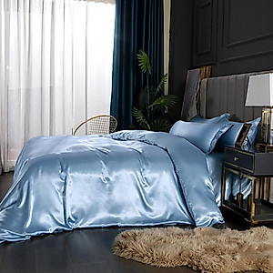 Feelyou Light Blue Silk Like Satin Bedding Set Queen Women Duvet Cover Set Luxury Soft Comforter Cover Adults Bedroom Decor Chic Luxurious Silky Bedspread Cover Zipper (1 Duvet Cover + 2 Pillow Case)
