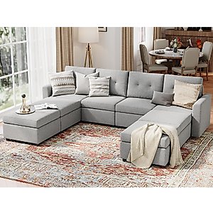 LINSY HOME Oversized Modular Sofa, Rubik III 4 Seat Modular Sectional Couch with 4 Ottomans, U Shaped Sleeper Sofa with Storage, All Covers Changeable Washable, Grey
