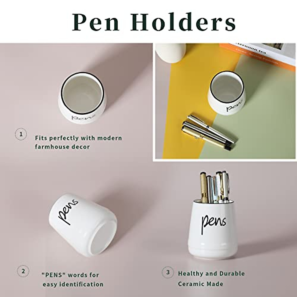 LEEOTYI Ceramic Farmhouse Pen Holder for Desk, Pencil Organizer 16 oz (White)