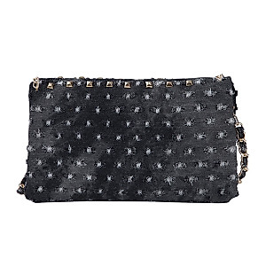 Premium Jeans Denim Studded Foldover Flap Shoulder Clutch Bag, Black