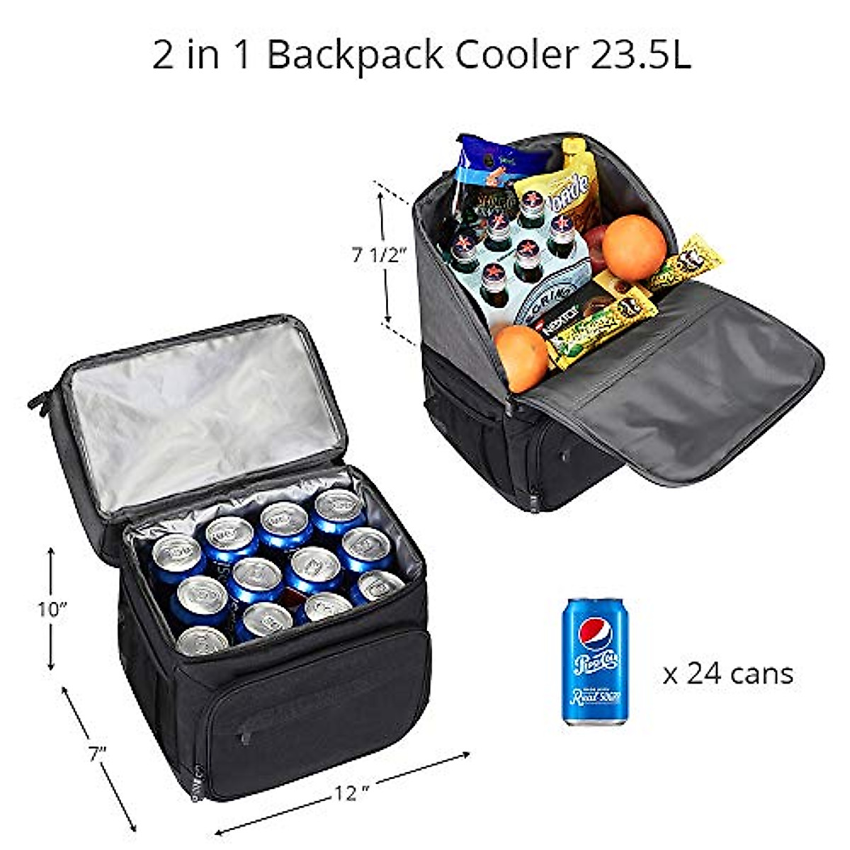 Easthills Outdoors Backpack Cooler 24 cans Insulated Leak-Proof Double Decker Lunch Cooler Backpack with Dry Storage Compartment for Camping, Hiking, Beach, Park or Day Trips, Black/Gray