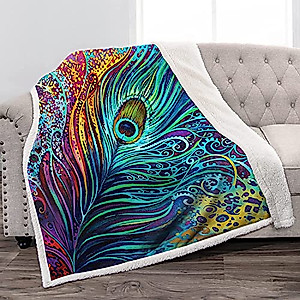 Jekeno Peacock Gifts for Women Blanket - Peacock Feather Plush Soft Sherpa Throw Blankets Warm Christmas Birthday Gift for Peacocks Lover Girls Kids Adults Peacock Themed Sofa Bed Home Decor 50"X60"