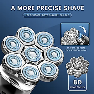 Mr.wintek 8D Head Shavers,Upgrade Head Shavers for Bald Men, Head Electric Razors with Nose Hair Trimmer, Waterproof Wet/Dry Mens Grooming Kit, Anti-Pinch, LED Display, USB Rechargeable (Silver)