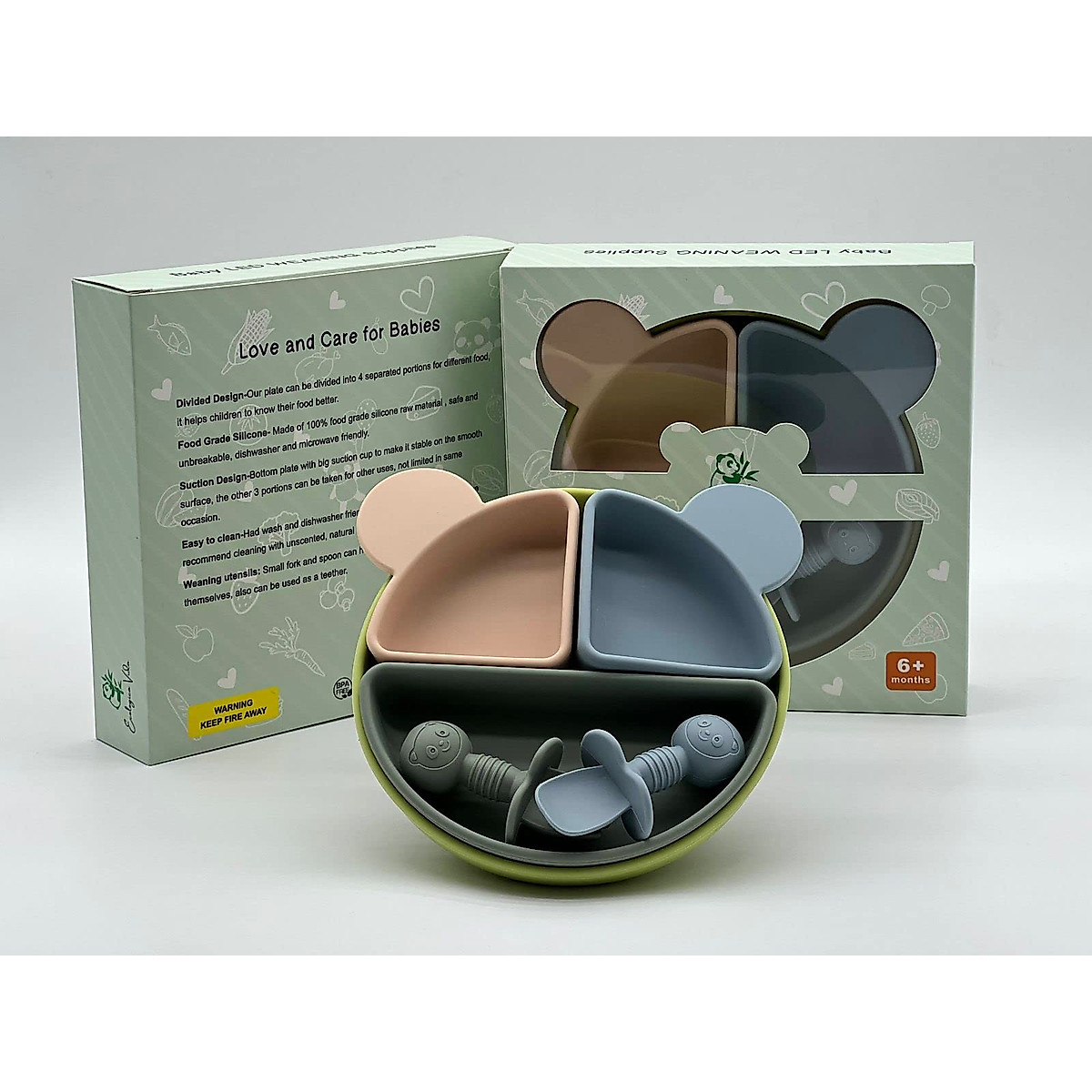 MIX COLOR SILICON BABY FEEDING SET, BABY EATING SUPPLIES, BABY LED WEANING SUPPLIES (Blue Beige Green)