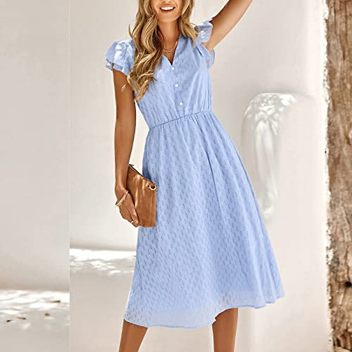 Sun Dress, Long Sleeve Tight Dress Spring Dresses for Women Casual Summer Dress Women's Solid Color V-Neck Ruffle Waist-Skimming Dress A Wedding Women's Maxi Dresses T Shirt Dress (L, Blue)