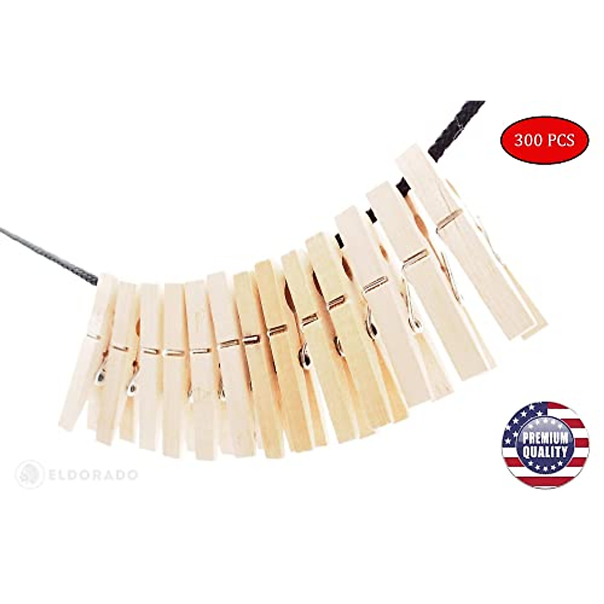Eldorado Clothespins - 300 PCS. Standard Natural Wooden, Stain Proof, 3 inch, for Multipurpose Everyday Laundry, Clothes, Towels, Craft, Photos, Pictures, Decor, Baby Shower, Art Wall (300)