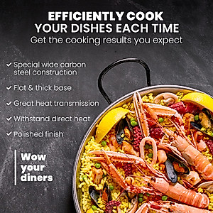 Machika Carbon Steel Pan | Professional Induction Cookware | Premium Polished Skillet for Cooking Mediterranean Food, Steaks & More | Ideal for Restaurants, Catering, Events | 3 Servings | 15 in |