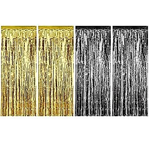 Sumind 4 Pack Foil Curtains Metallic Fringe Curtains Shimmer Curtain for Birthday Wedding Party Christmas Decorations (Gold and Black)