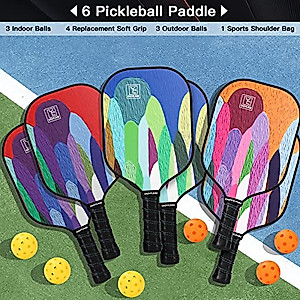 Graphite Pickleball Paddles Set of 6, 2024 USAPA Approved, 2 Kids & 4 Adult Paddles, Fiberglass Surface (CHS), Polypropylene Lightweight Honeycomb Core, 6 Pickleball, 4 Replacement Soft Grip + Bag