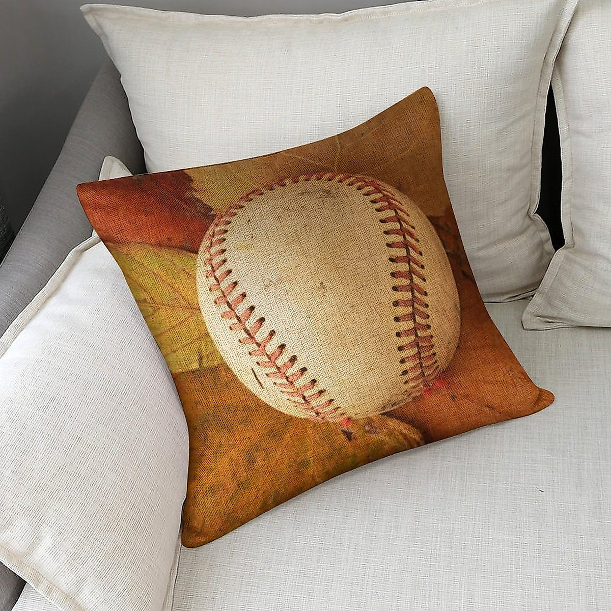 Maple Leaves Baseball Throw Pillow Covers 18×18 Pillowcases Set of 2 Autumn Softball Linen Decorative Square Pillow Case Cushion Covers Standard Size for Sofa Couch Outdoor Bed Pillow Protectors