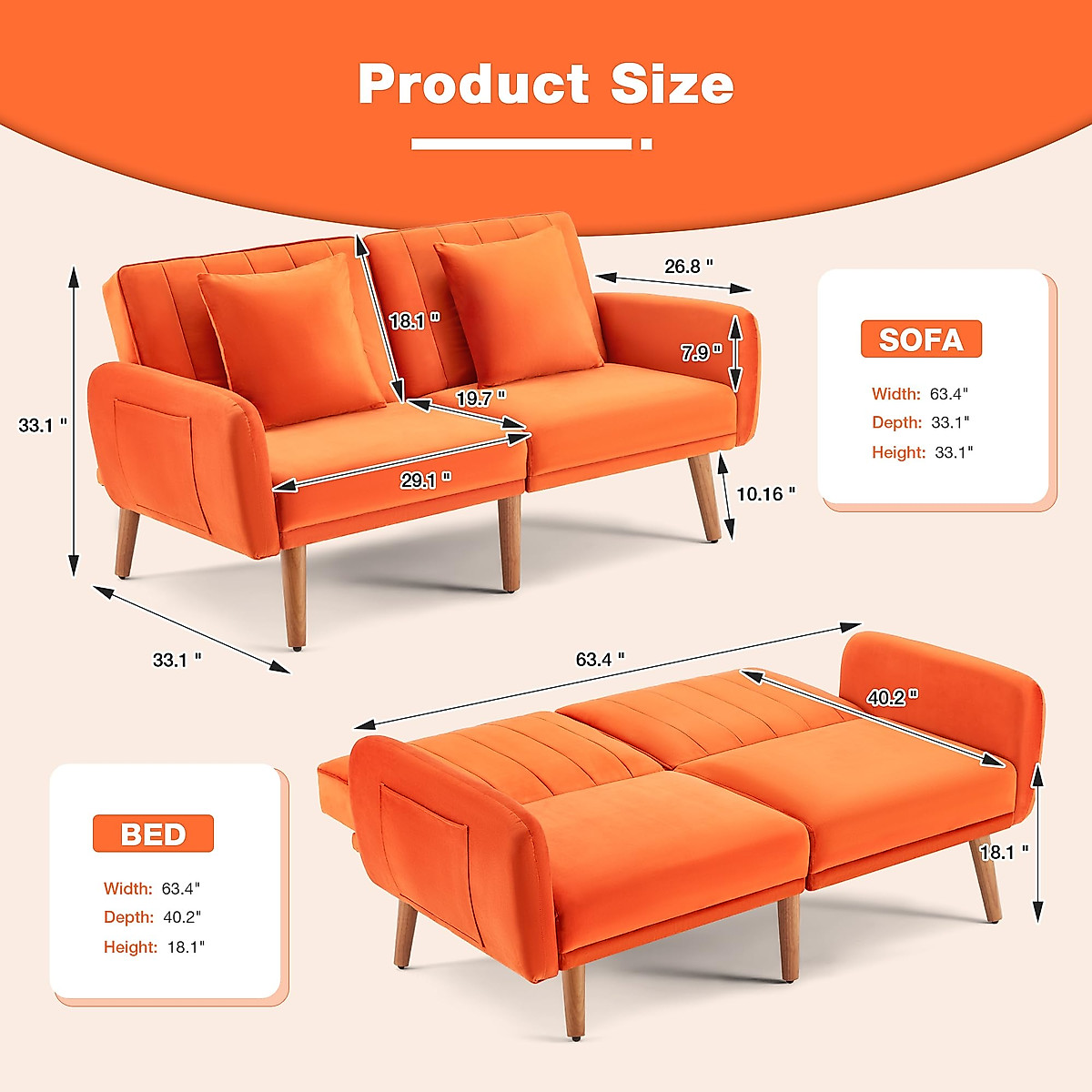 JOMEED 65" Velvet Loveseat Sofa,Modern Couch for Living Room,Futon Sofa Bed with Adjustable Backrest for Small Spaces,Dorm,Apartment