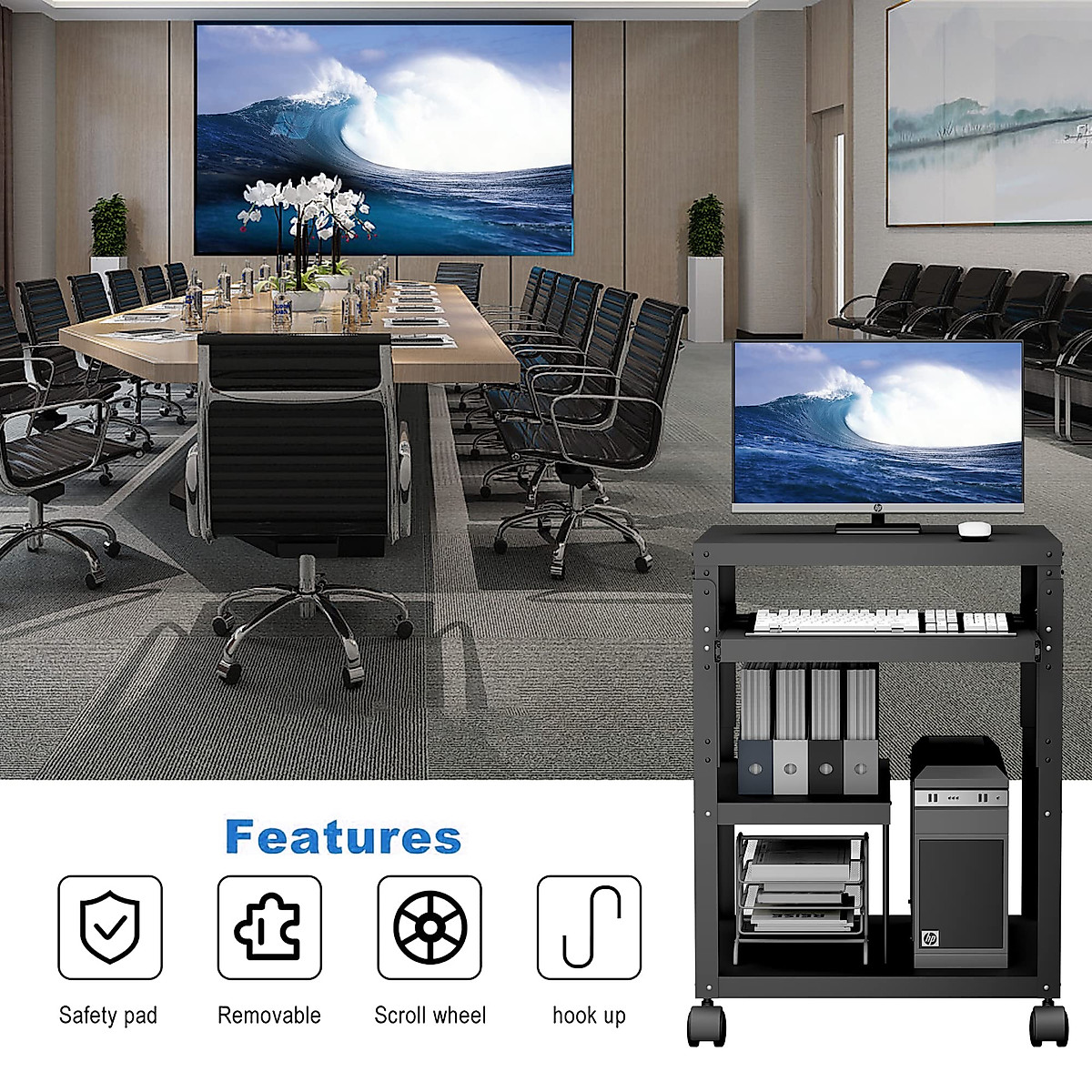 tonchean AV Presentation Cart with Keyboard Tray, Heavy Duty Mobile Workstation Presentation Cart for Video Projector, Laptop Computer, Media Cart for School Classroom Office（Black）