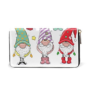Colorful Cartoon Cute Gnomes Seamless On White Leather Long Wallet Organizer with Zipper Purse Clutch Bag for Women Men