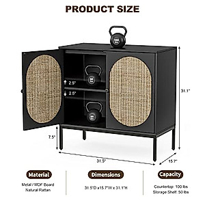 IKIFLY Accent Storage Cabinet with Handmade Natural Rattan Doors, Rattan Sideboard Buffet Cabinet, Kitchen Cupboard Server Console Table for Dining Room, Living Room, Bedroom, Hallway - Black