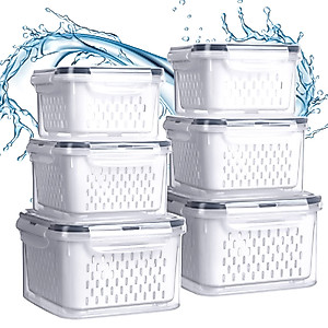 6 Pcs Fruit Storage Containers for Fridge, Food Storage Containers Berry Produce Fridge Organizer with Removable Colander Keep Fruits, Vegetable, Veggie, Meat Fresh Longer(Small, Medium, Large)
