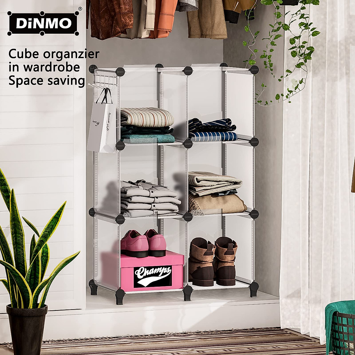 DINMO 6 Cubes Storage Organizer, Bookcase, Display Shelf with Wooden Mallet, Cabinet Storage for Kids, Adult, Office, Bedroom, Bathroom, White