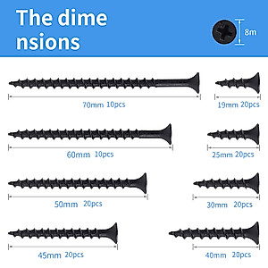 LTYLL ITYII 140 PCS #7 Quality Carbon Steel Philips self-Tapping Screws with coarse-Pitch Thread and countersunk Head, a Set of 8 Different Wood Screws, Suitable for Dry Wall