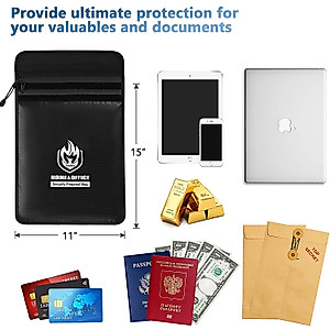 Upgraded Two Pockets Fireproof Document Bag (2000℉), andyer 15”x 11”Waterproof Fireproof Money Bag with Zipper, Waterproof Holder Pouch Fire Safe Bag for Valuables, Legal Documents (Jet Black)