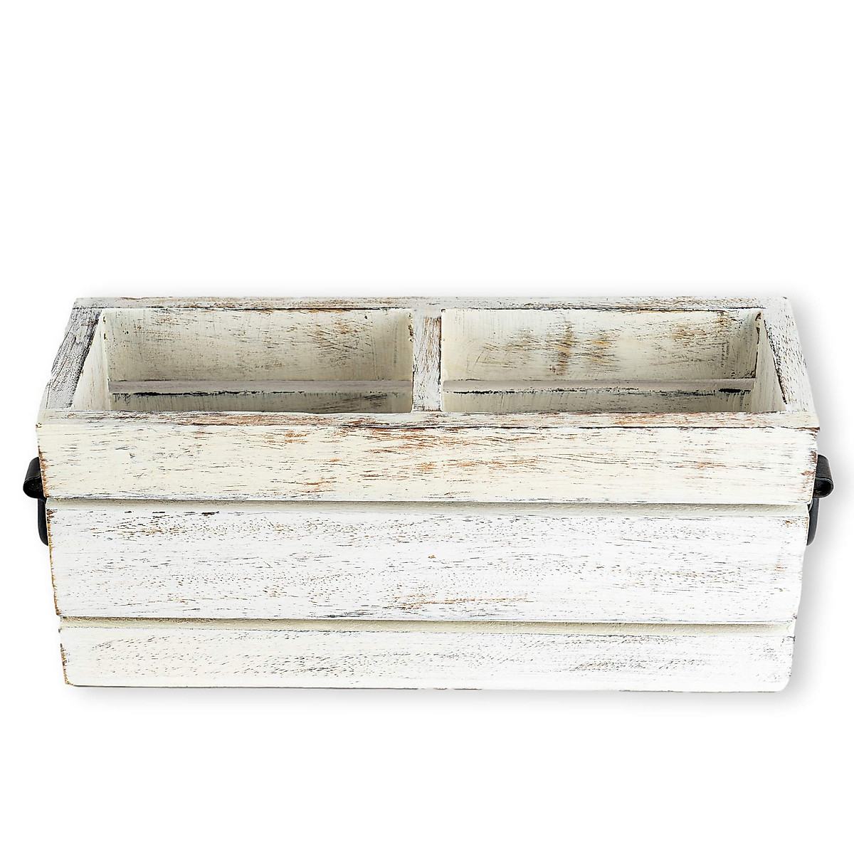 GoCraft 2 Compartment Flatware Caddy with Metal Handles, Cutlery Holder, Multipurpose Desk Organizer for Office Supplies, Remote Controllers, Makeup Brushes, Vanity, Nightstand | Rustic White Finish