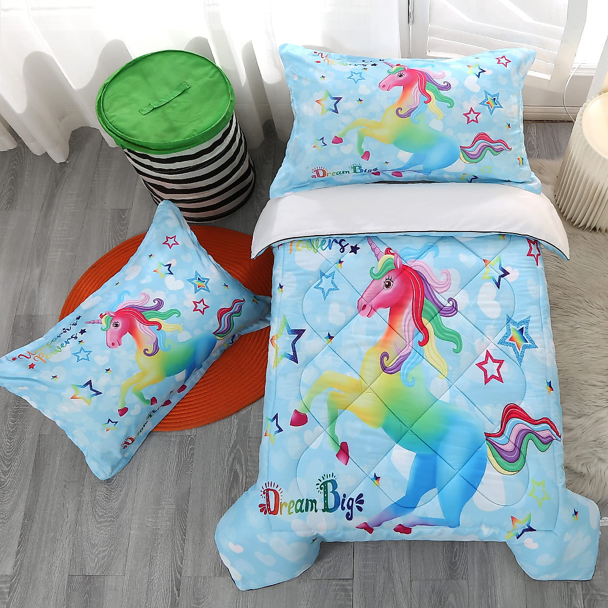 VIVILINEN Blue Unicorn Toddler Comforter Set for Girls 3 Piece Rainbow Unicorn Kid Toddler Bedding Set for Kids Bed-in-a-Bag Bedspreads Quilt Set with Comforter, 2 Pillowcases