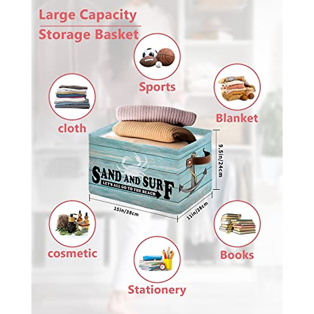 Summer Beach Crab Storage Basket Waterproof Cube Storage Bin Organizer with Handles, Anchor Nautical Sand and Surf Teal Wooden Collapsible Storage Cubes Bins for Clothes Books Toys 15"x11"x9.5"