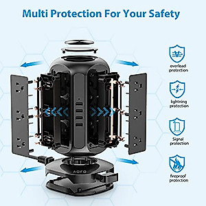 Power Strip Tower AOFO Surge Protector 12 AC Outlets with 4 USB Ports Charging Station with Overload Protection, Widely Spaced Multiple Outlets with 10Ft Long Extension Cord for Home, Dorm & Office