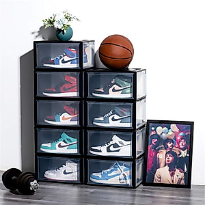 S-JIANG Shoe Boxes Clear Plastic Stackable, Drop Front Shoe Display Box Large Storage Containers Shoe Box Organizer for Sneaker Men Women (Black, 4 PACK)