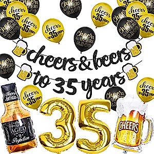 35th Birthday Decorations, 35 Years Anniversary Decorations for Men Women, Cheers to 35 Years Banner, 32 Inch Number 35 Gold Foil Balloon, 35 Sign Latex Balloon, Cheers Cup Foil Balloon for Wedding Anniversary Party Supplies