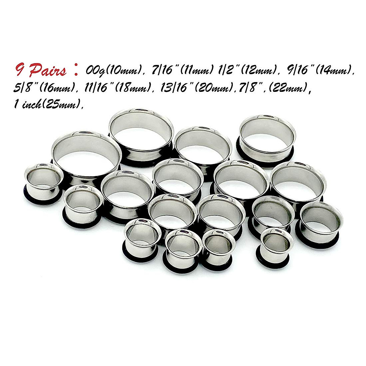 HEKEUOR 00G 7/16” 1/2” 9/16” 5/8” 11/16” 13/16” 7/8” 1” Ear Gauge Stretching Kit Stainless Steel Tapers and Plugs Set
