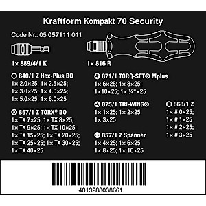 Wera - 5057111001 Kraftform 71 Kraftform Kompakt Security 32 Piece set, Hexagon 1/4"