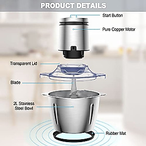 Food Chopper Electric, LINKChef Meat Grinder Electric 400W Food Processor 8 Cup 2L Stainless Steel Meat Blender Mini Food Chopper for Meat, Vegetables, Fruits and Nuts with 4 Sharp Blades