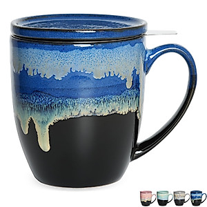 Bosmarlin Ceramic Tea Cup with Infuser and Lid, 16 Oz, 4 Color to Choose Dishwasher and Microwave Safe, Steeping Tea Mug with Strainer (Blue)