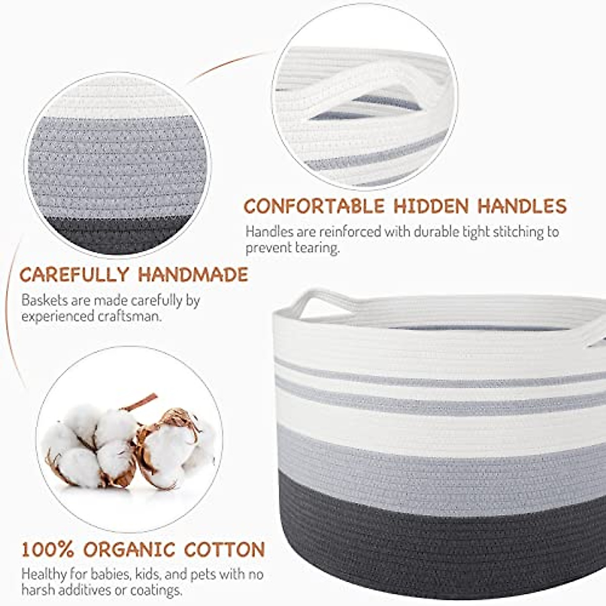 WISELIFE Storage Basket Large Cotton Rope Basket 21.7"x 21.7" x 13.8" Baby Laundry Basket with Handle Big Basket Soft Nursery Cube Bin Durable Laundry Hamper for Living Room(Gradient Grey)