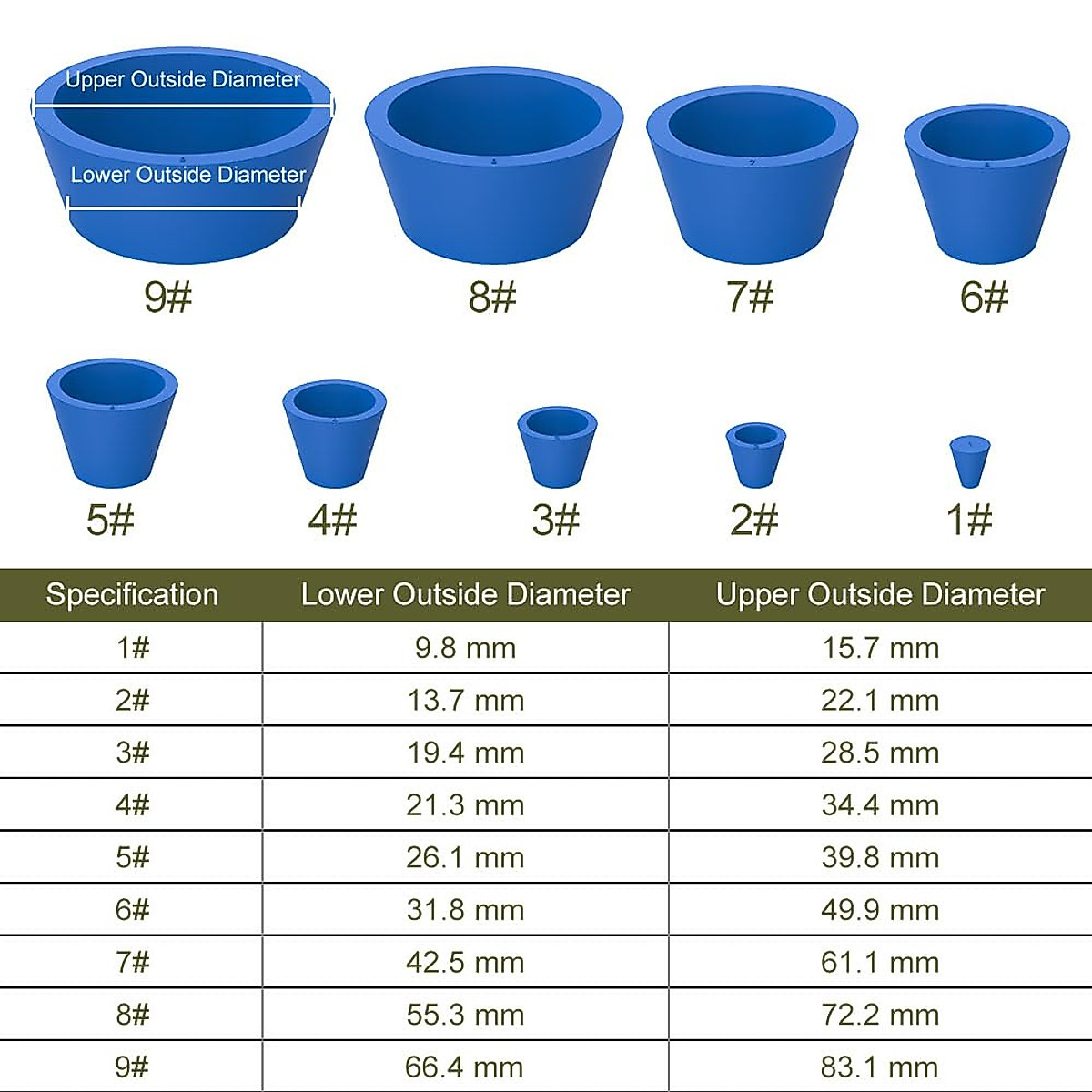 FunChem Filter Adapter Cones, 9 Pack White Wear-Resisting Tapered Collar Rubber Stopper Buchner Funnel Flask Cones Adapter Set, Smooth Surface, Blue