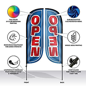 LookOurWay Feather Flag Set - 5ft Tall Advertising Banner Flag with Pole Kit and Ground Spike for Business Promotion - Open Blue/Red