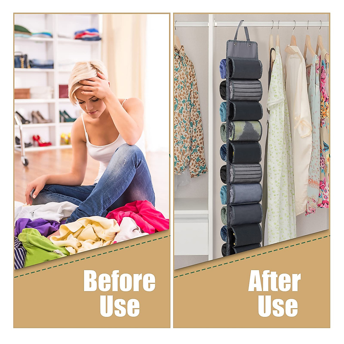 2 Pcs Clothes Closets Roll Holder- Hanging Closet System Closet Space Saver Clothes Organizer with 20 Roll Independent Compartments for T-Shirts Leggings Underwear Bras Socks (Gray, Double Sided)