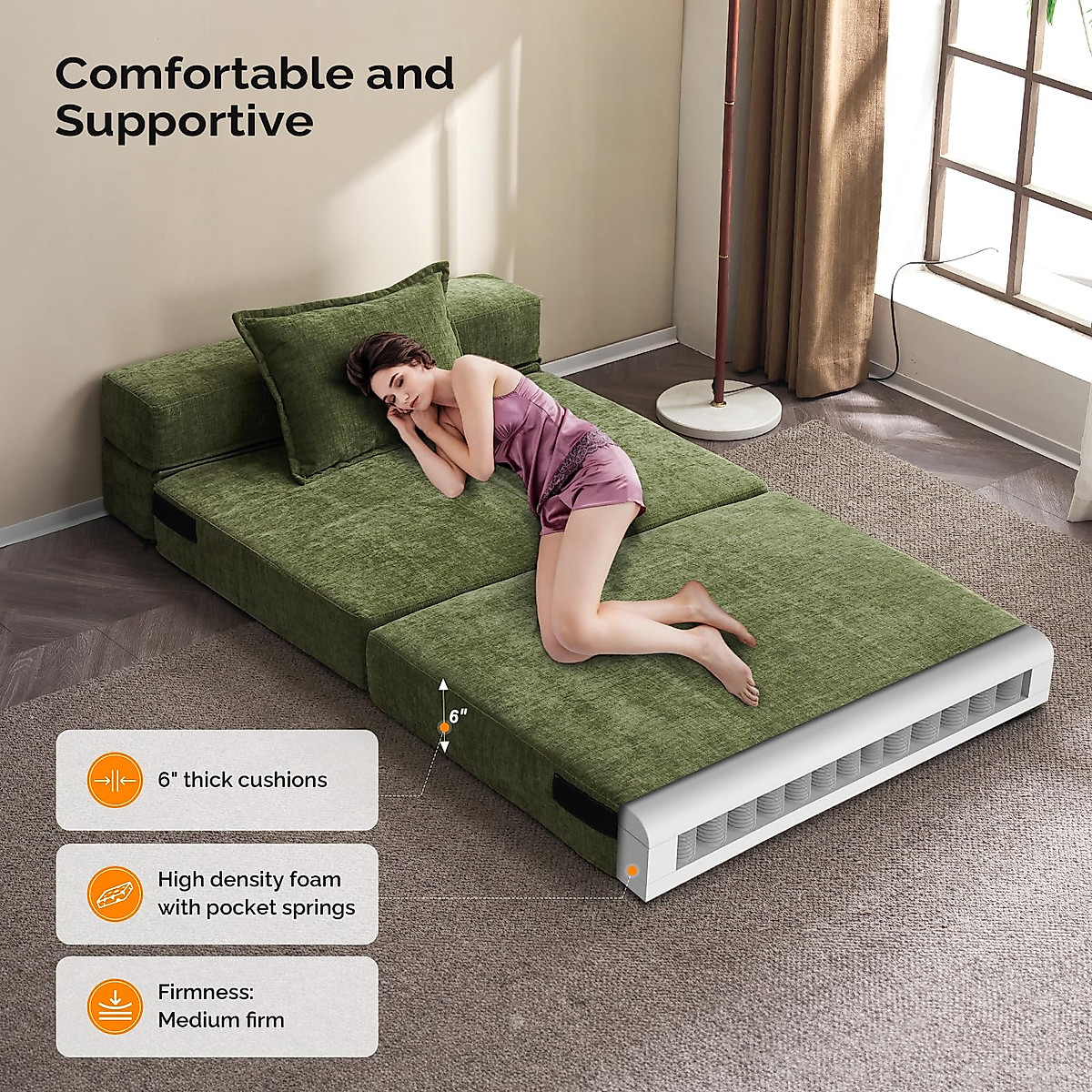 VINGLI Futon Sofa Bed Sleeper Sofa Chair Bed Twin Floor Sofa Bed Small Couch Folding Mattress Olive Green Couches for Living Room Floor Chair Freestanding RV Futon Couches for Indoor and Outdoor