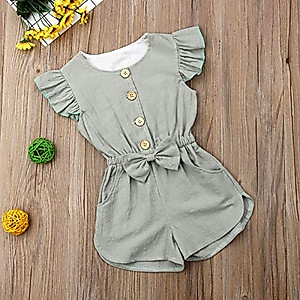 Toddler Kids Baby Girl Flutter Sleeve Short Romper Jumpsuit Botton Down Shirt Tops with Bowknot (Light Green 6-12 Months)
