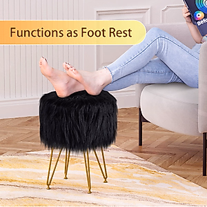 RunLexi Vanity Stool Chair with Storage, Faux Fur Makeup Room Seat Stool, Soft Padded Seat, Round Footrest Footstools with 4 Metal Legs & Adjustable Footings, Vanity, Bathroom, Bedroom Chairs Black