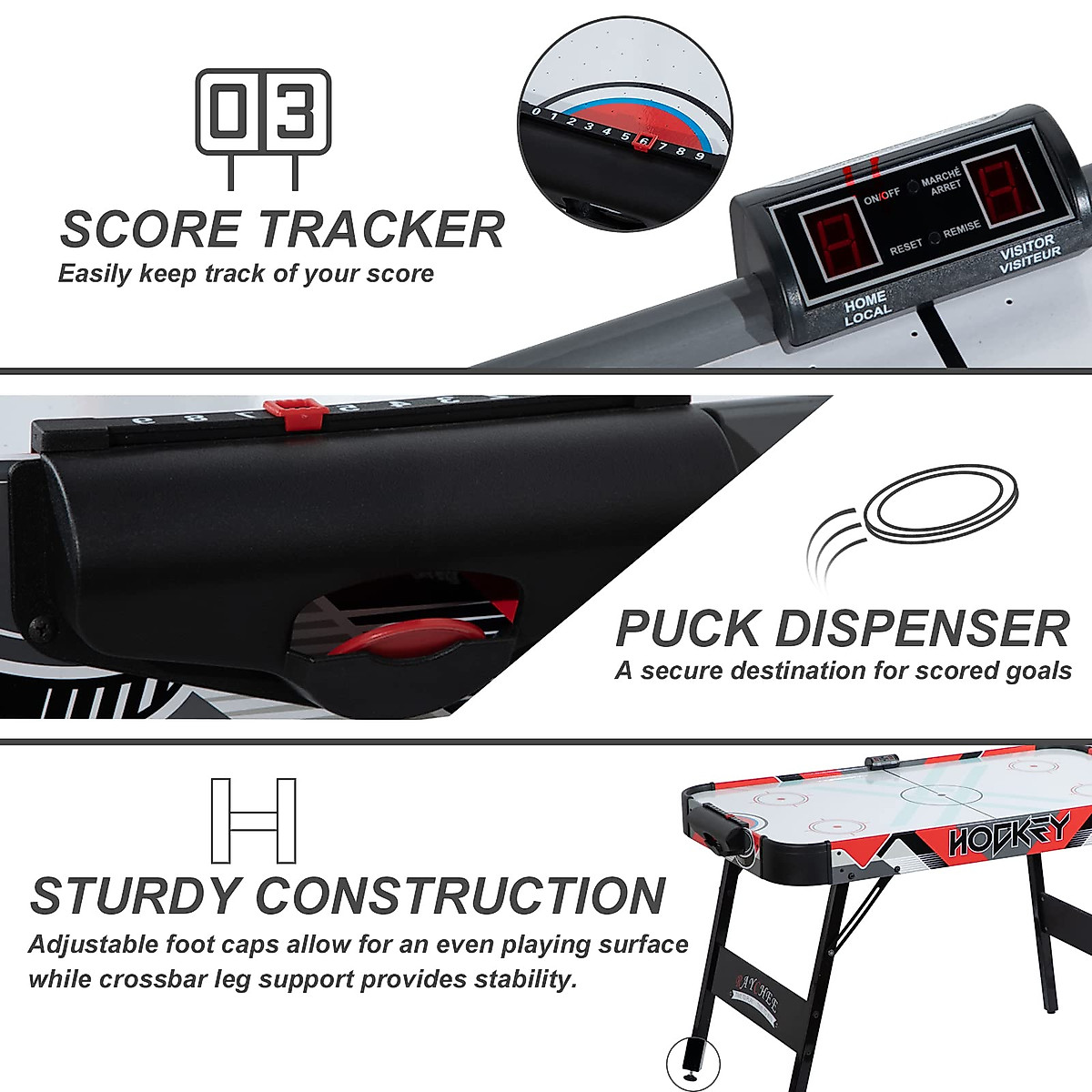 RayChee Foldable Powered Air Hockey Table, 48” Indoor Hockey Table Sports Gaming Set w/2 Pucks, 2 Pushers, LED Scoreboard, Powerful Fan Motor for Adults and Kids, Home Game Room (Red)