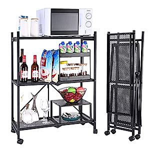 RokiaTek 3-Shelf Foldable Storage Shelves with Wheels, Large Capacity Metal Standing Shelving Unit, No Assembly Heavy Duty Organizer Rack for Kitchen, Garage, Basement, Pantry, Matte Black