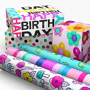 Hallmark Birthday Wrapping Paper Rolls - Flowers, Stripes, Pink, Teal and Black Polka Dots Gift Wrap Paper (Set of 6 Rolls: 180 sq. ft. ttl.)