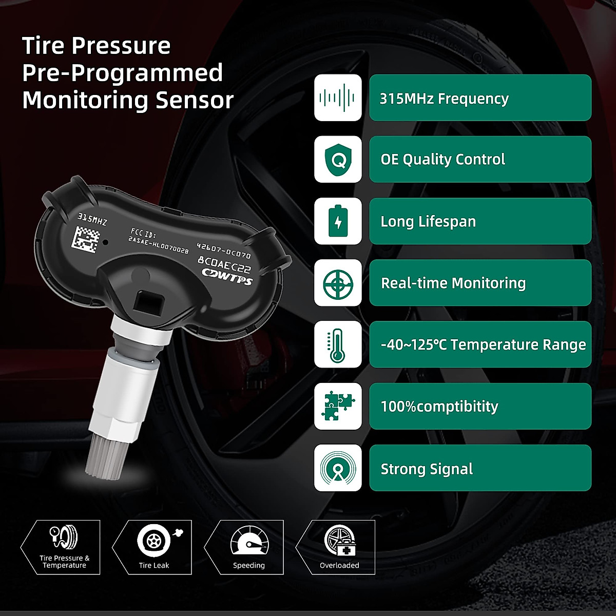 CDWTPS TPMS Sensor for Toyota,4pcs 315MHz Tire Pressure Monitor System 4-Pack for 08-17 Toyota Sequoia Tundra,07-20 Toyota Sienna Replace# 426070C070 4260708010 426070C050 426070C080