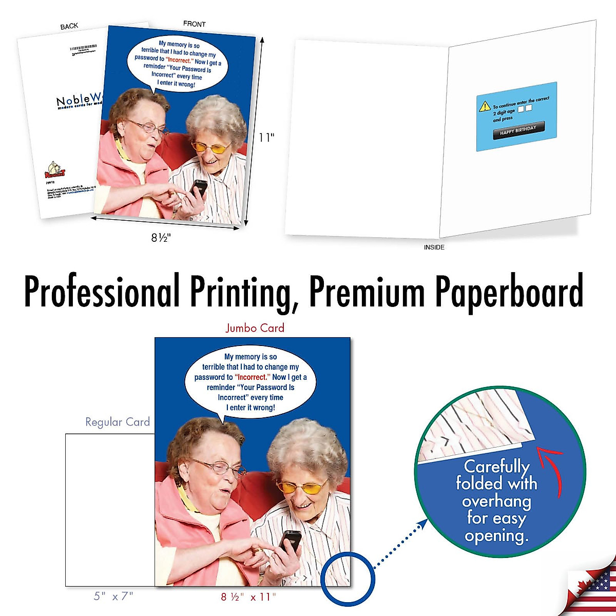 NobleWorks - 1 Big Humorous Happy Birthday Appreciation Card 8.5 x 11 Inch with Envelope, Jumbo Greeting a Funny Cell Phone Congratulations for Grandma and Old Ladies - Incorrect Password J9912